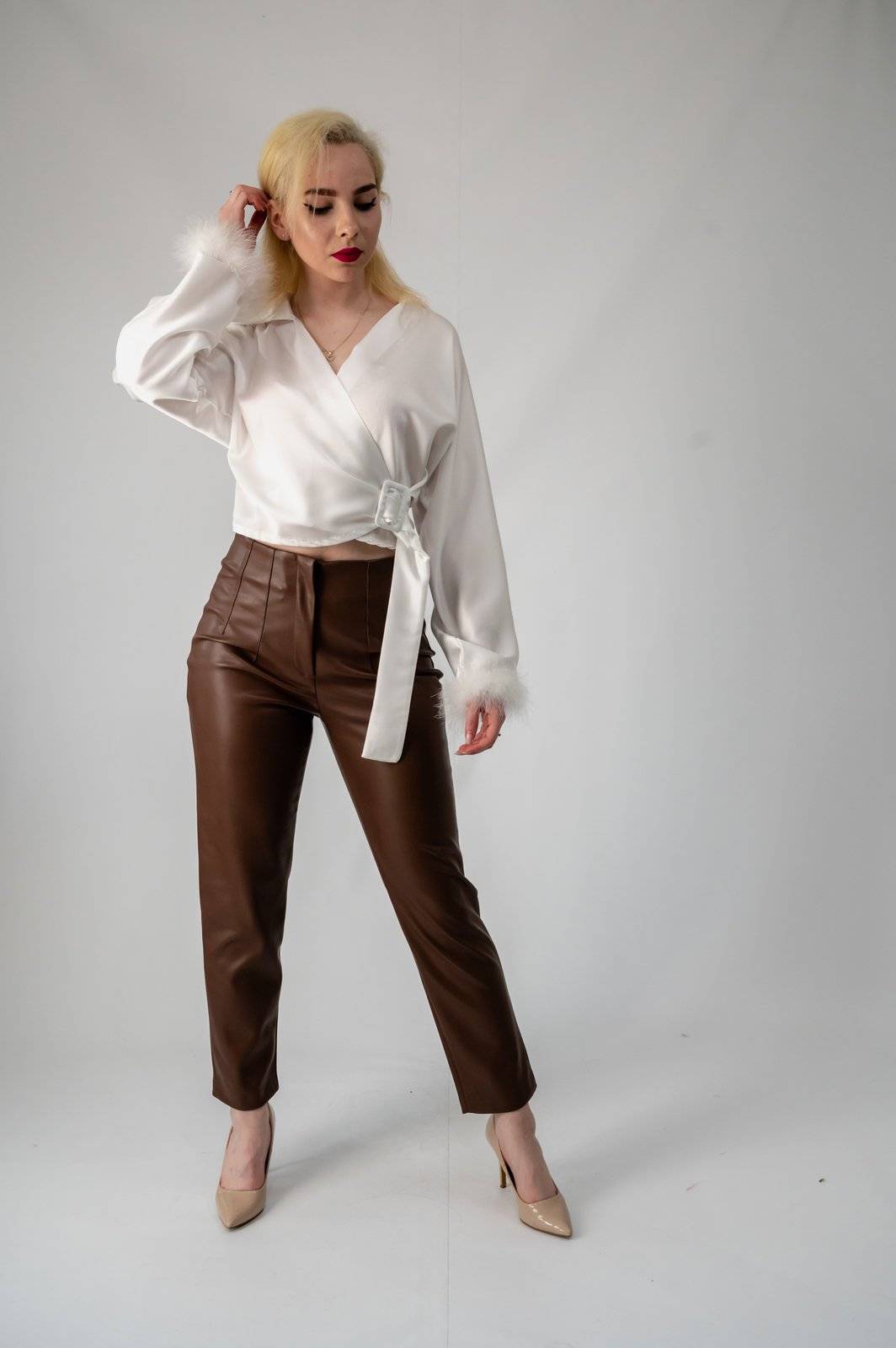 Pantaloni Dama Piele Ecologica Vatuiti, Maro